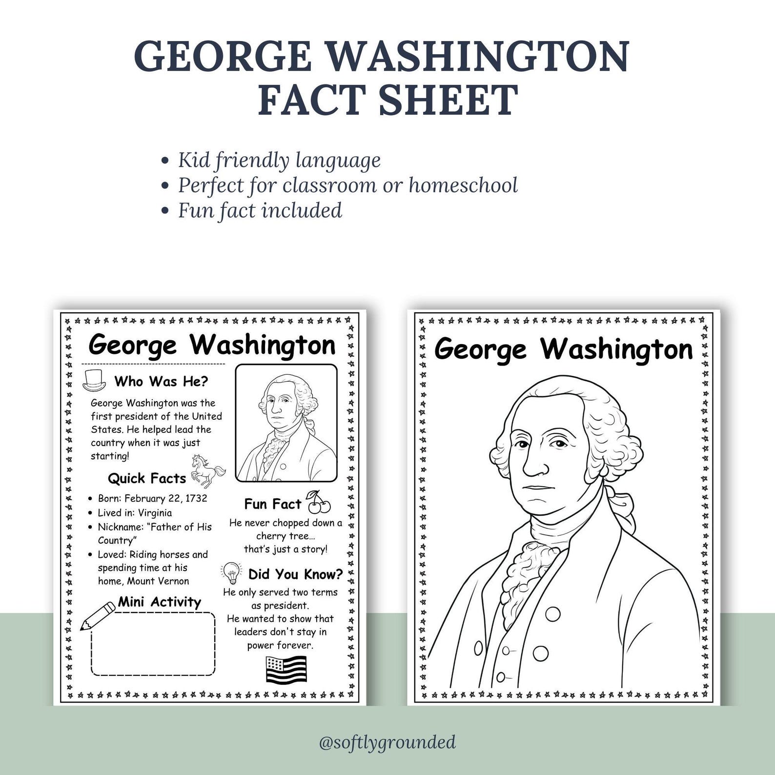 George Washington Fact Sheet: U.S. Presidents History Worksheet (PDF ...