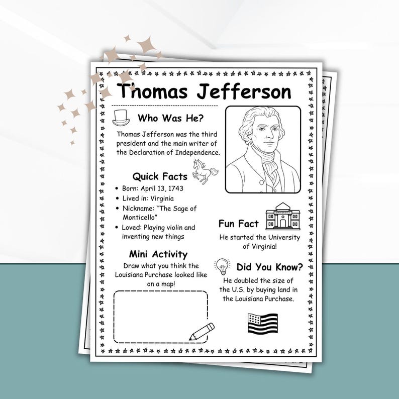 Thomas Jefferson Fact Sheet: U.S. Presidents History Worksheet (PDF ...