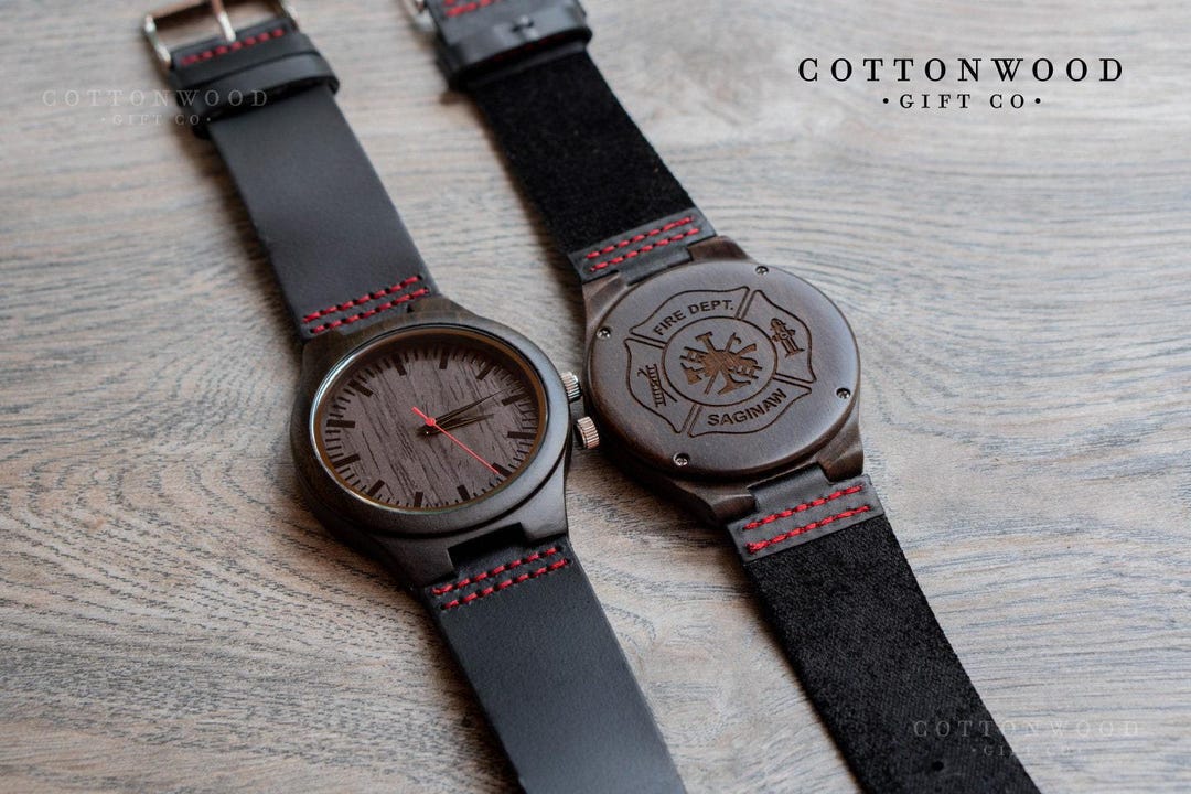 Personalized Firefighter Wood Watch: Engraved Leather Band, Fireman ...