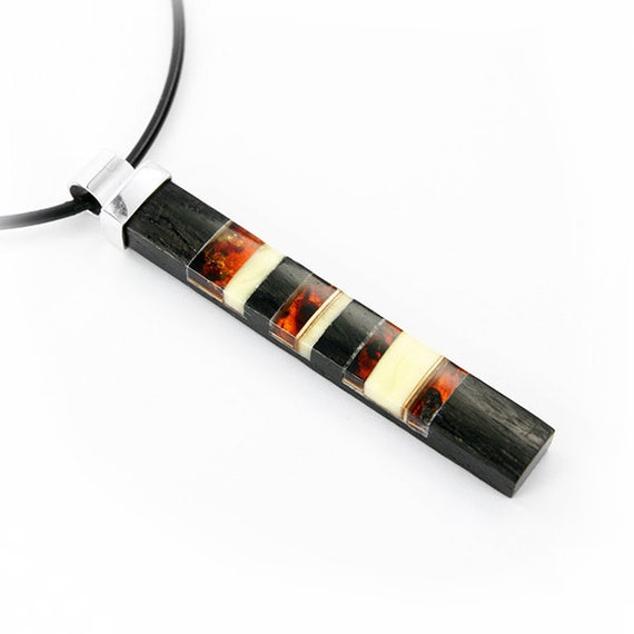 Long Rectangular Pendant With Amber Black Oak and Silver | Etsy