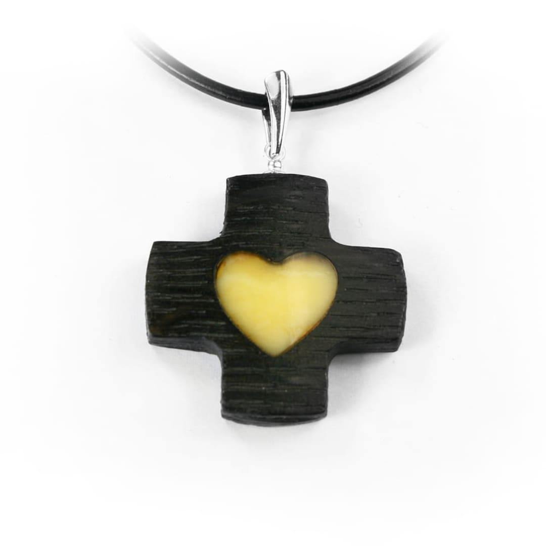 Amber Cross Pendant Made of Silver and Wood Black Oak, Amber Cross Made ...