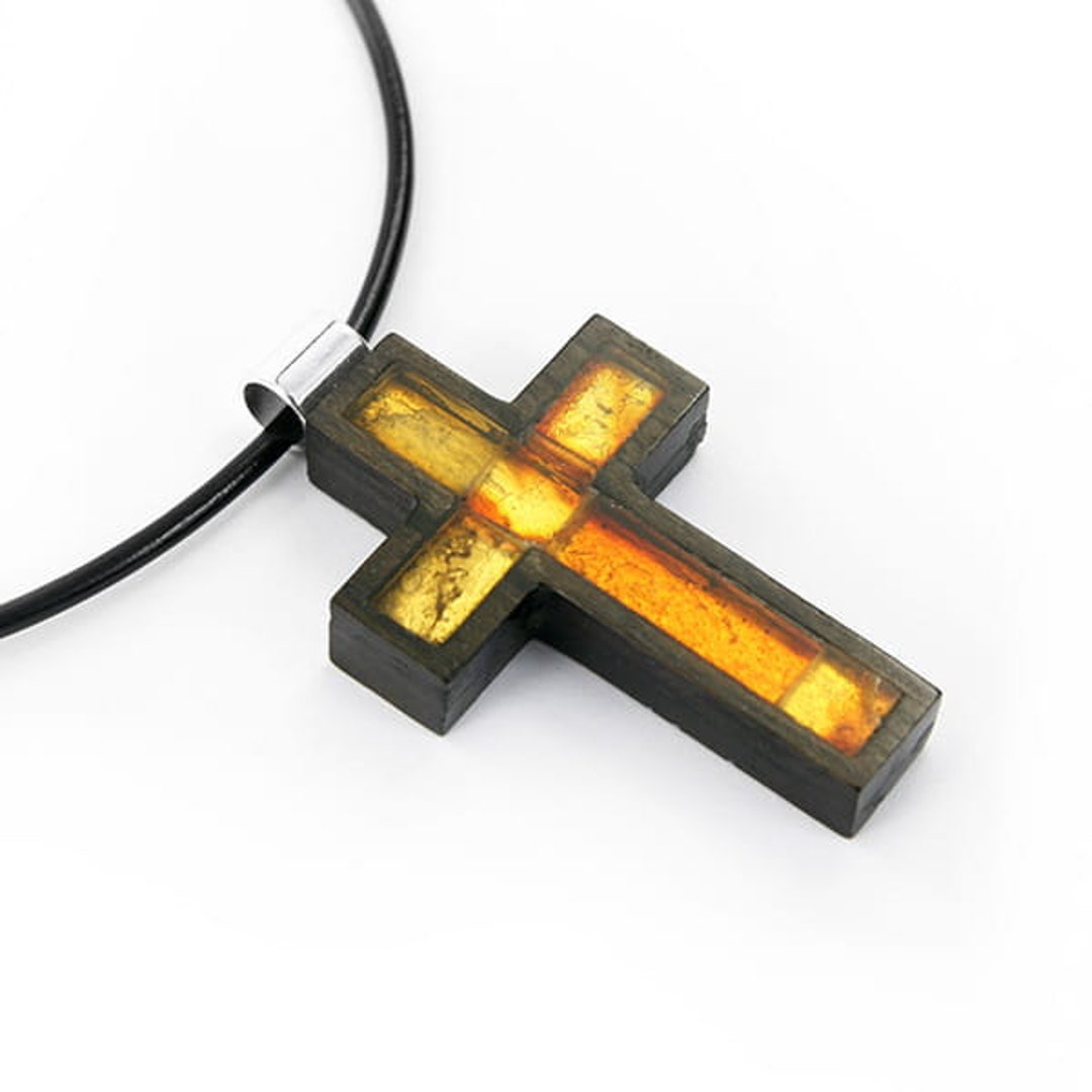 Amber Cross Pendant Made of Silver and Wood Black Oak, Amber Cross Made ...