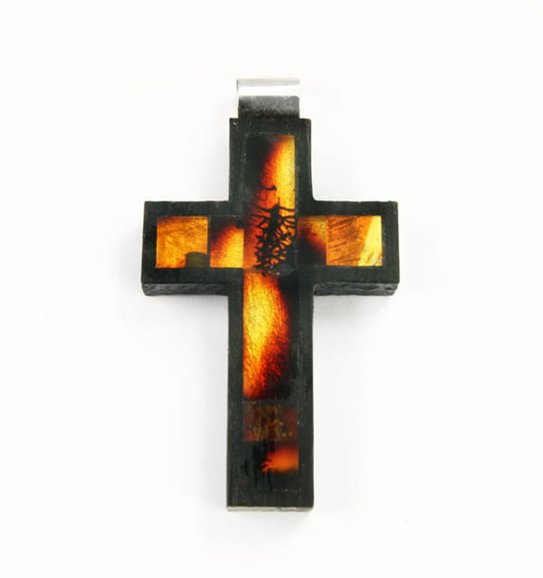 Amber Cross Pendant Made of Silver and Wood Black Oak, Amber Cross Made ...
