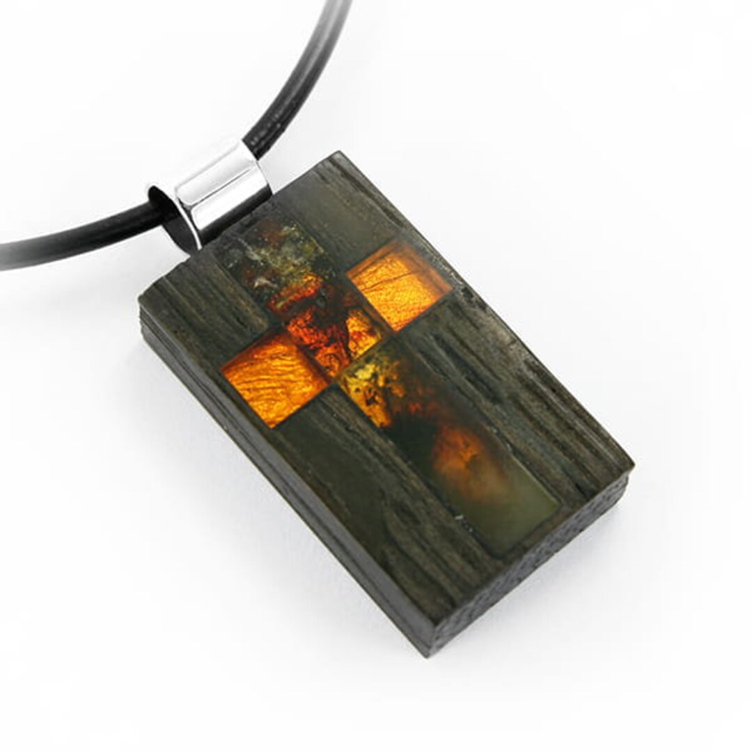Amber Cross Pendant Made of Silver and Wood Black Oak, Amber Cross Made ...