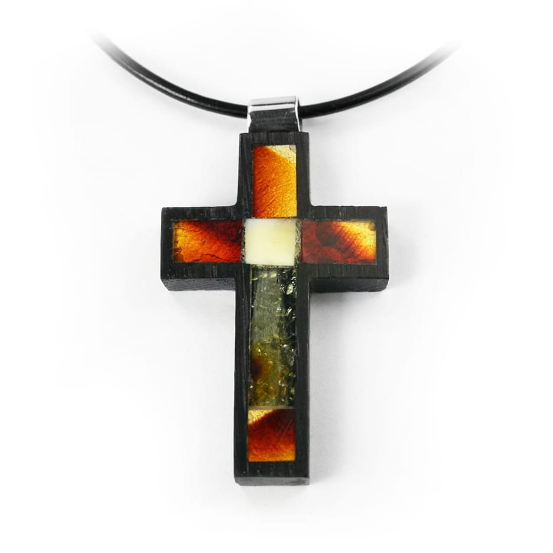 Amber Cross Pendant Made of Silver and Wood Black Oak, Amber Cross Made ...