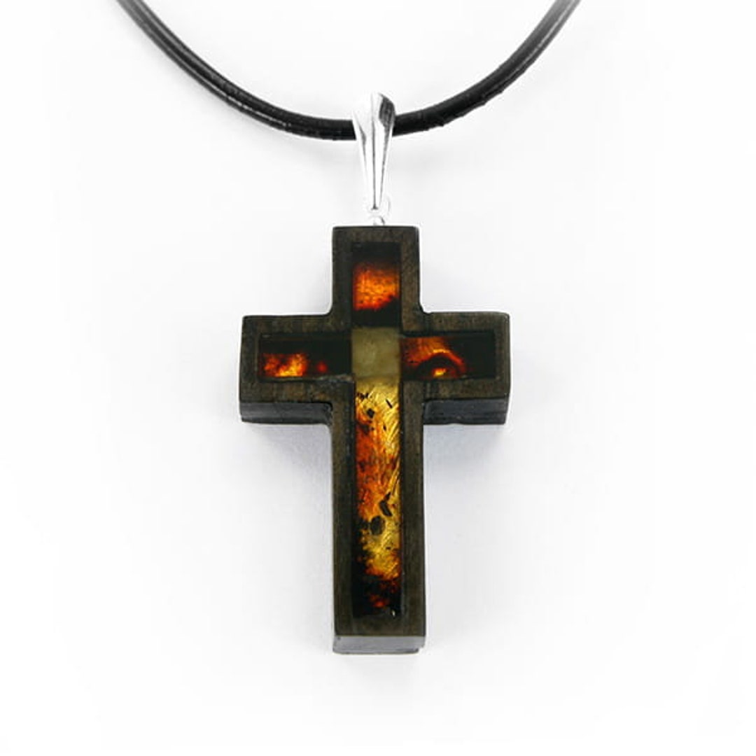 Amber Cross Pendant Made of Silver and Wood Black Oak, Amber Cross Made ...