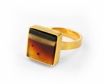 Silver Rectangular Signet Ring With Amber and Black Oak, Silver ...