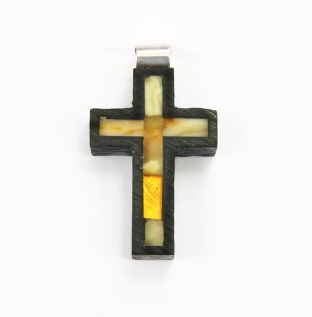 Amber Cross Pendant Made of Silver and Wood Black Oak, Amber Cross Made ...