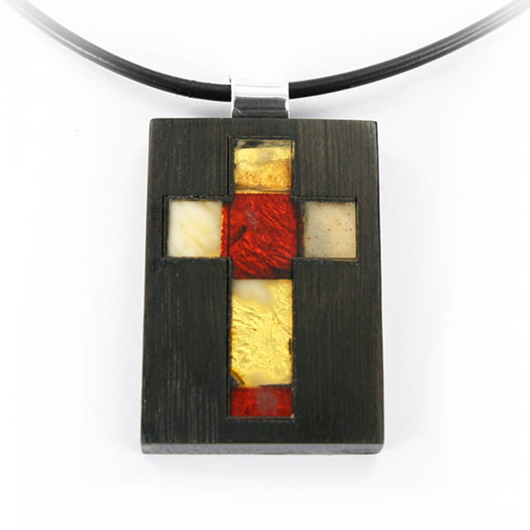 Amber Cross Pendant Made of Silver and Wood Black Oak, Amber Cross Made ...