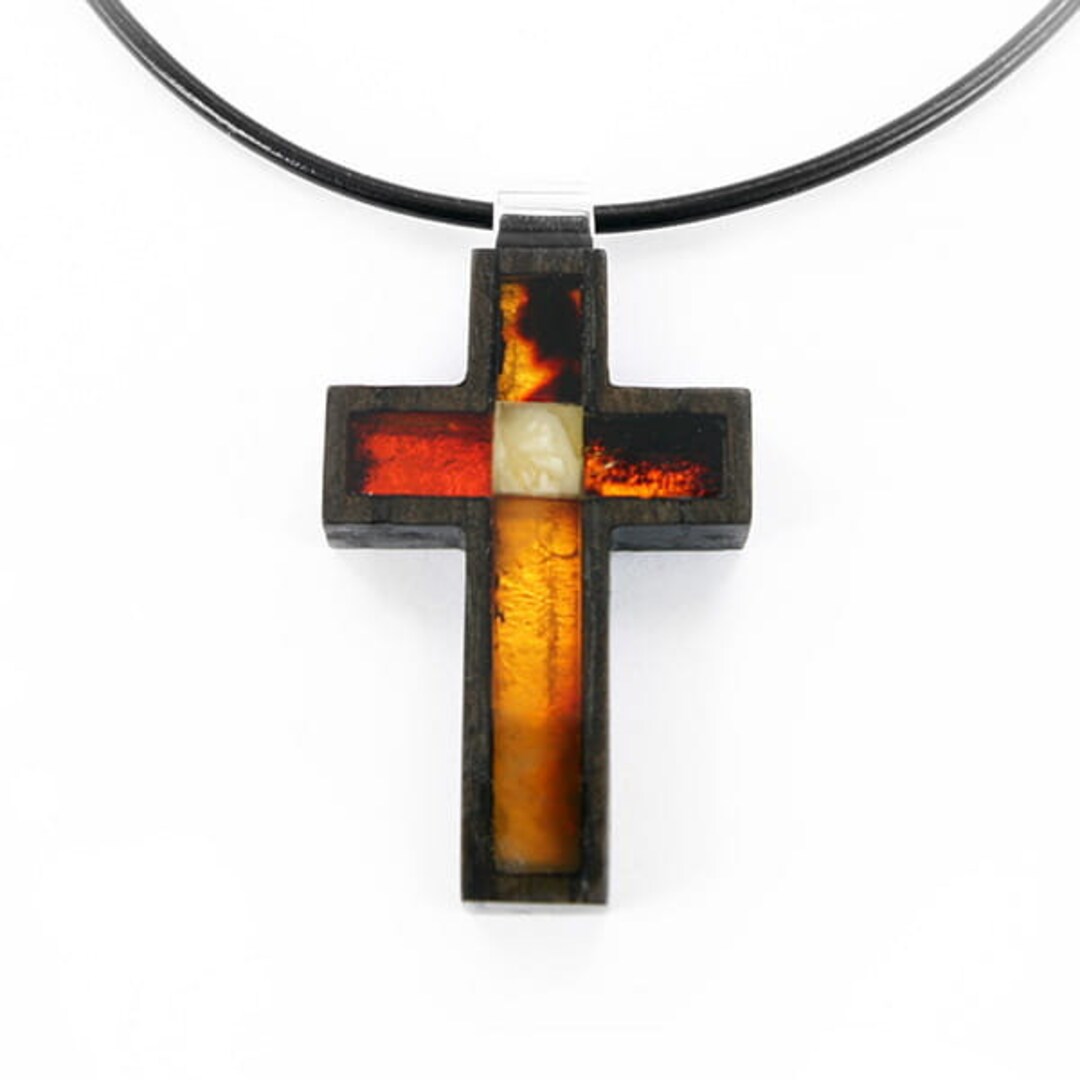 Amber Cross Pendant Made of Silver and Wood Black Oak, Amber Cross Made ...