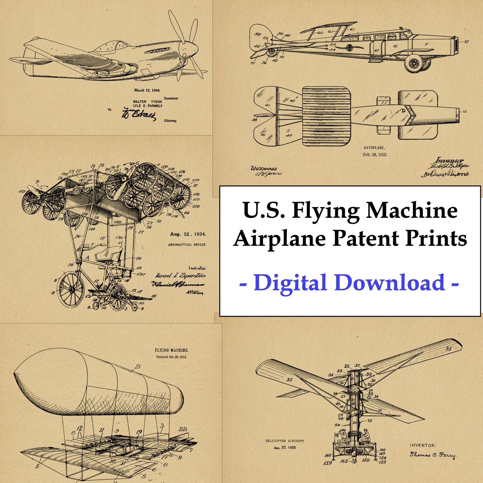U.S. Airplane Flying Machine Patent Digital Download Prints Autoplane ...