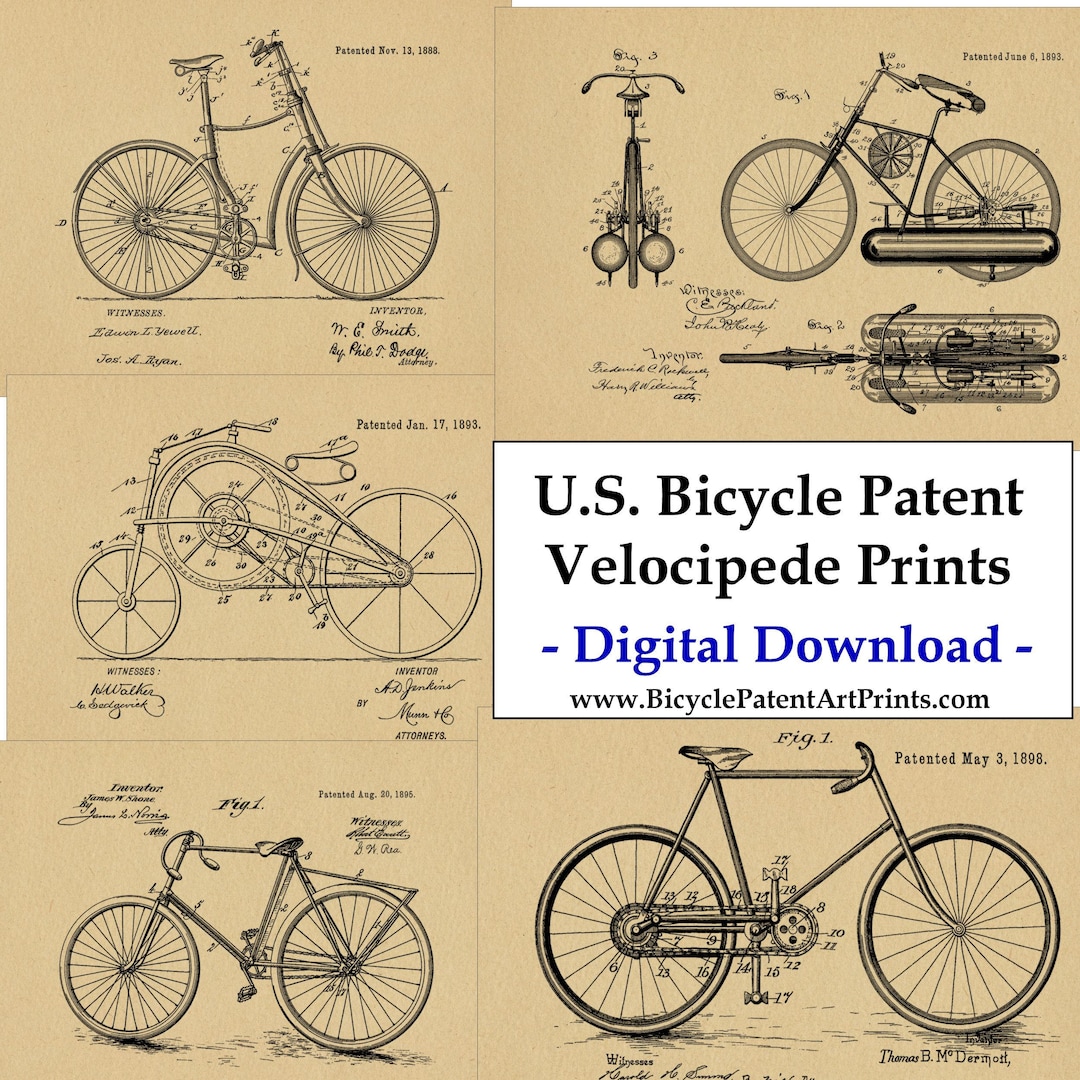 U.S. Bicycle Velocipede Patent Cycling Designs Digital Download Prints ...