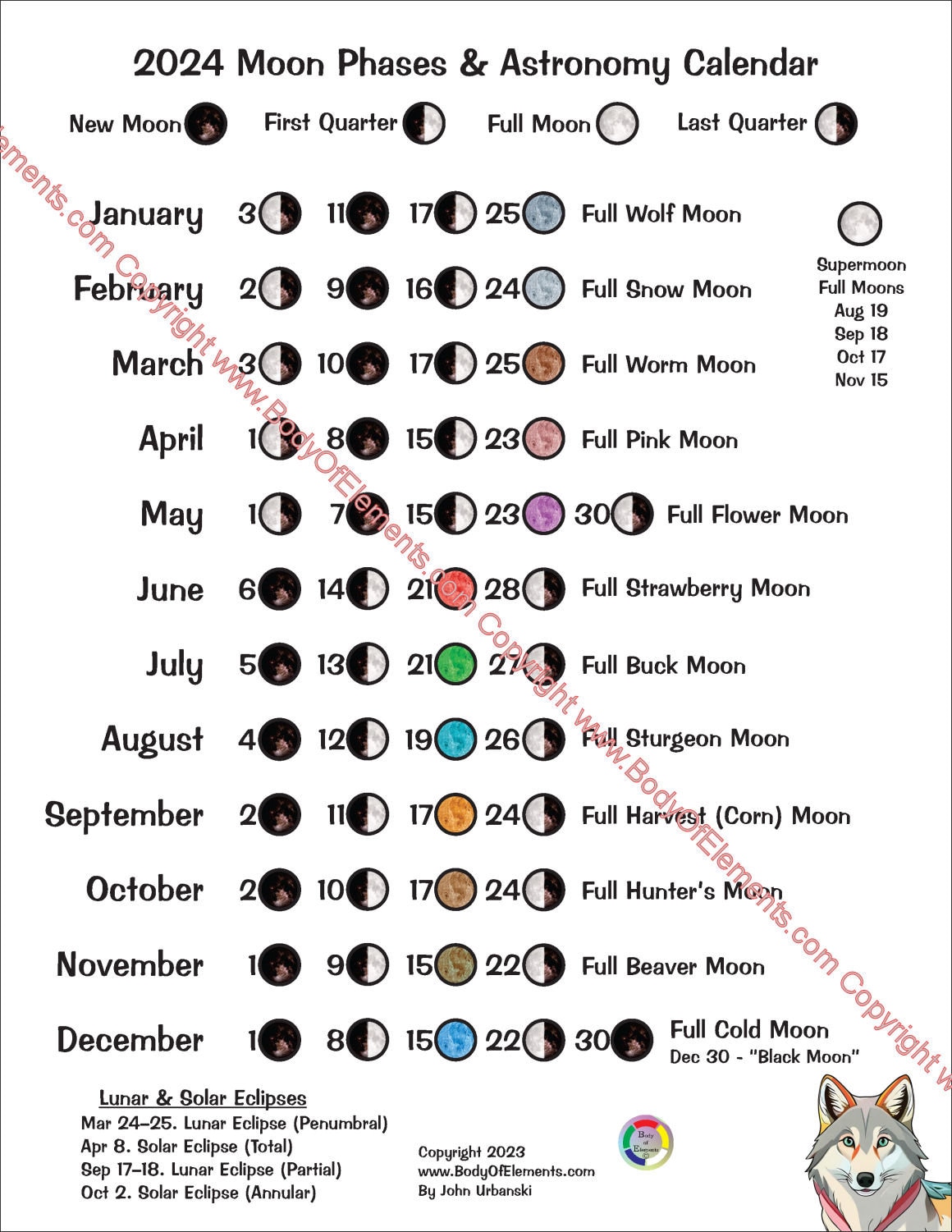 2024 Moon Phases & Astronomy Calendar Lunar Cycle Digital Download Gift ...