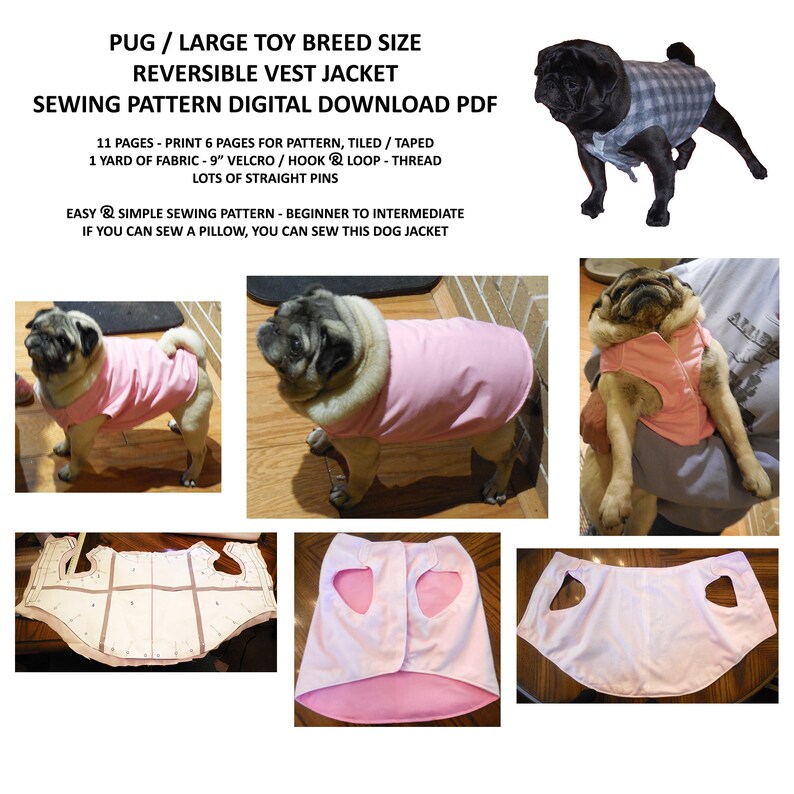Pug Dog Pet Vest Sewing Pattern Digital Download Reversible Jacket for ...