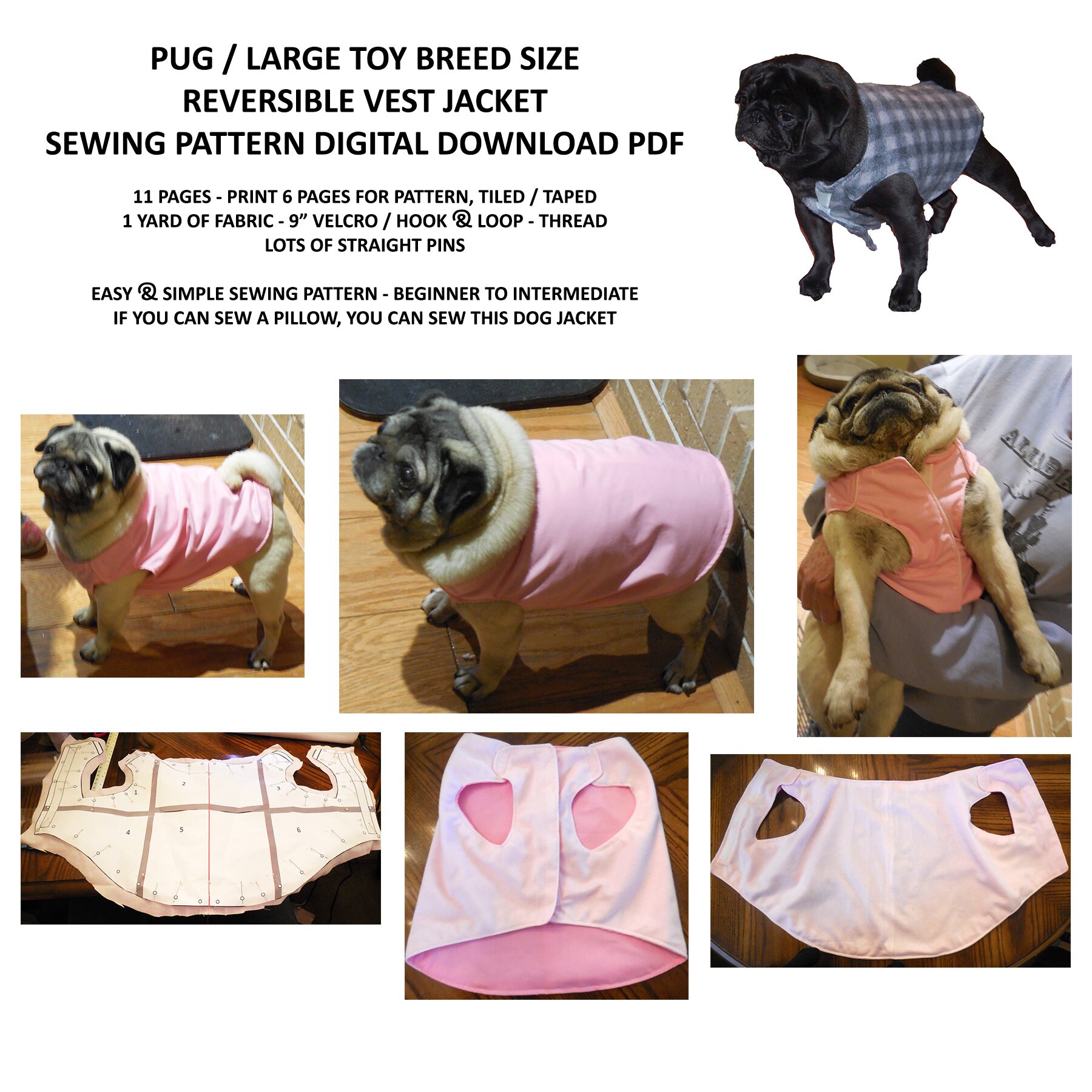 Pug Dog Pet Vest Sewing Pattern Digital Download Reversible Jacket for ...