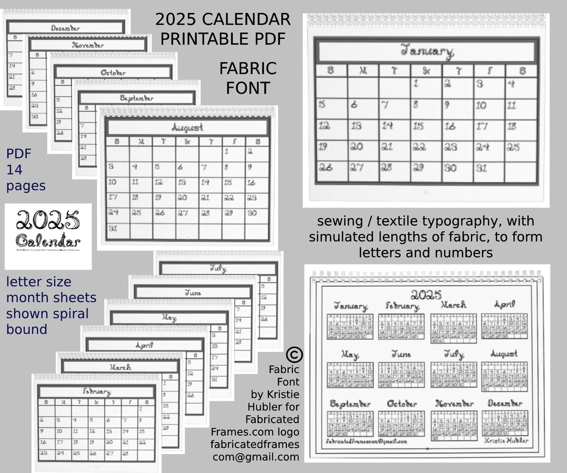 Fabric Font 2025 Calendar Printables: Letter & A4 + Weekly Planner (PDF ...