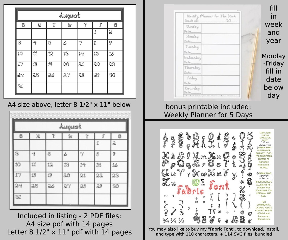 Fabric Font 2025 Calendar Printables: Letter & A4 + Weekly Planner (PDF ...
