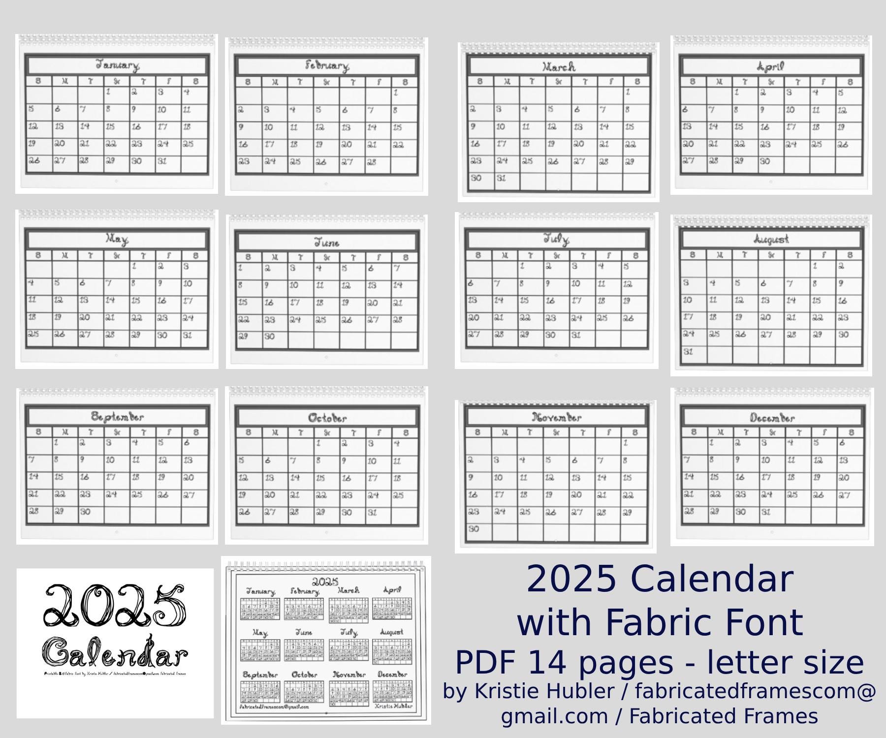 Fabric Font 2025 Calendar Printables: Letter & A4 + Weekly Planner (PDF ...