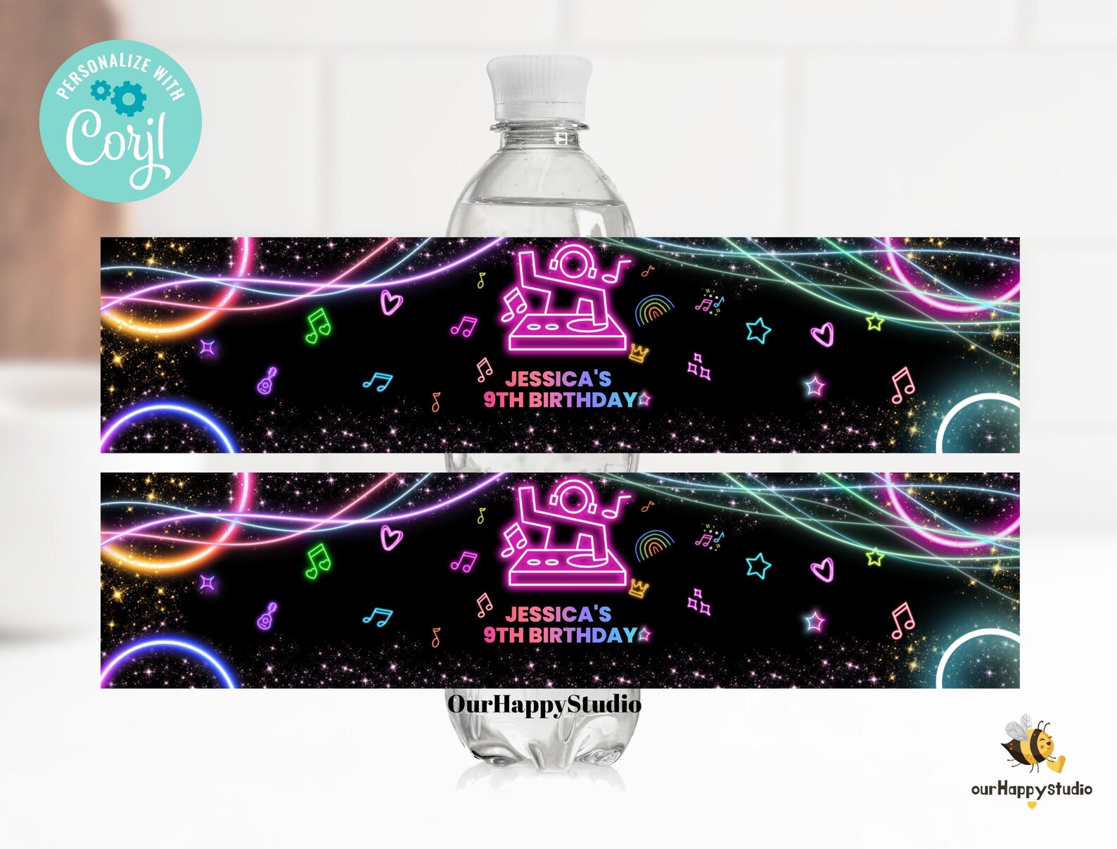 Editable DJ Dance Water Bottle Label, Birthday Water Bottle Sticker ...