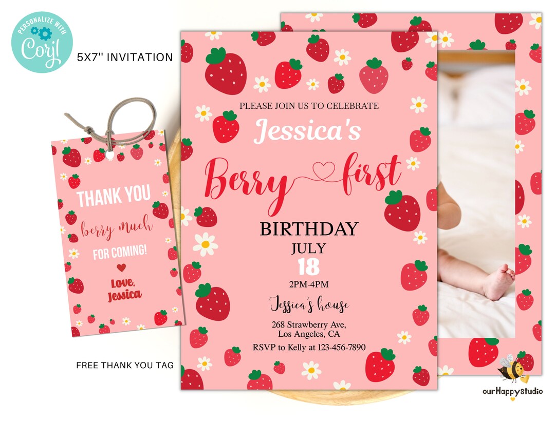 Editable Berry First Birthday Invite Template, Strawberry 1st Birthday ...