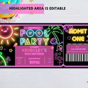 Editable Pool Party Ticket Invitation, Glow Water Park Ticket, Tropical ...