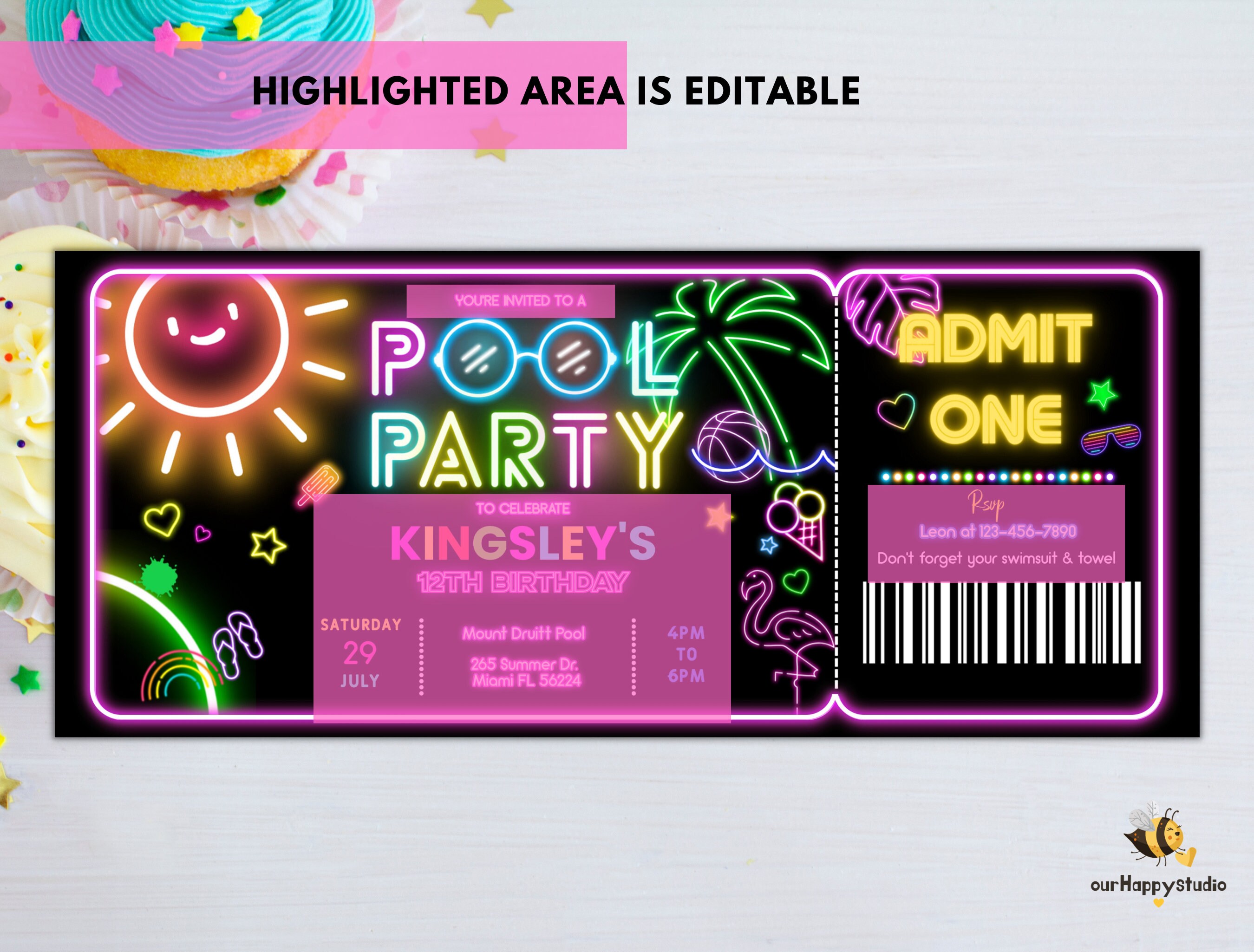 Editable Pool Party Ticket Invitation, Glow Water Park Ticket, Tropical ...