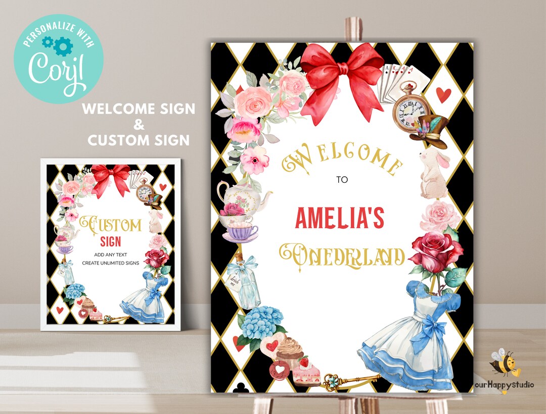 Editable Alice in Wonderland Welcome Sign, Alice in Onederland Banner ...