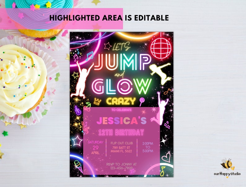 Editable Jump Party Birthday Invitation Glow Trampoline Party - Etsy