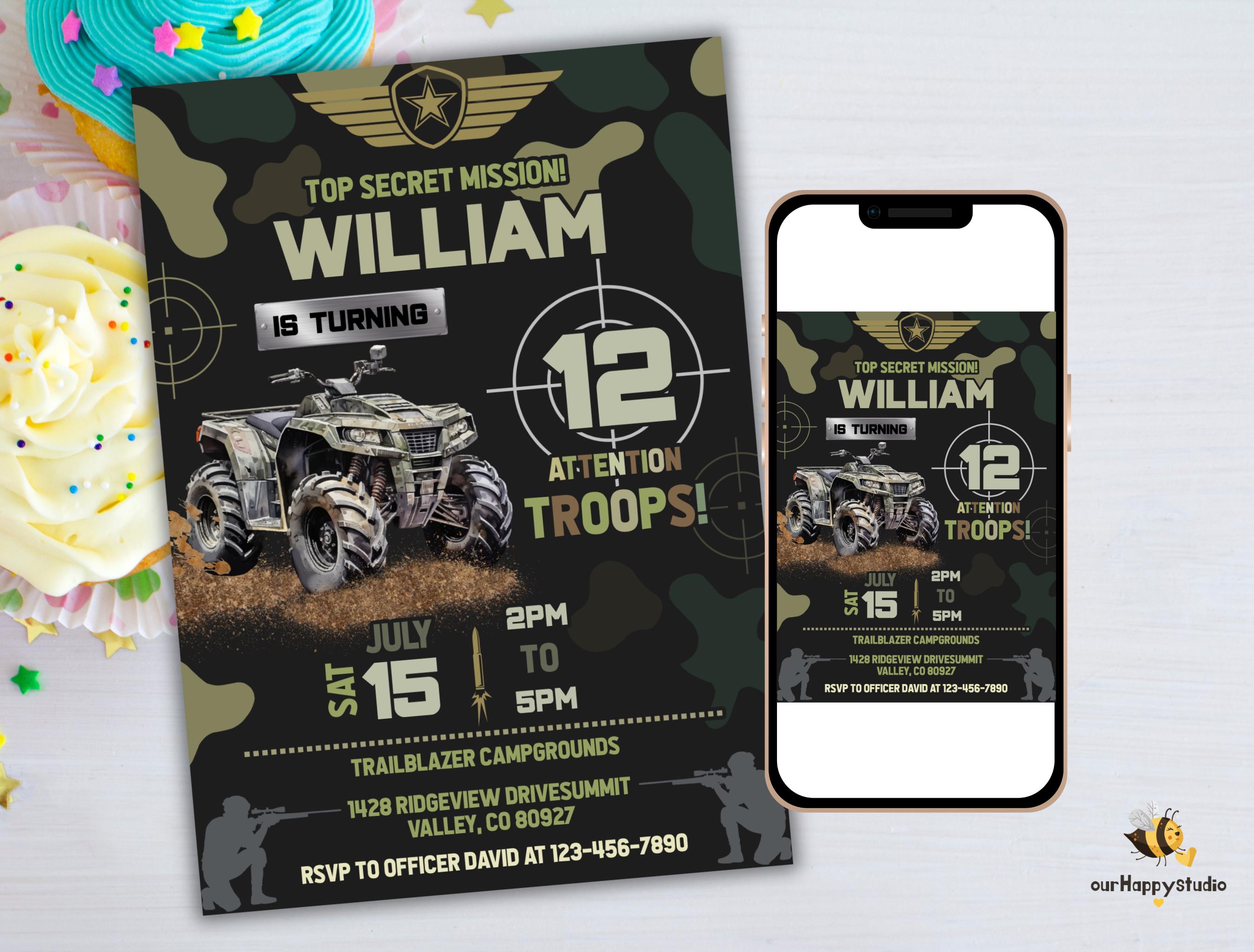 Editable Quad Bike Birthday Invitation, Target Shooting Party (digital ...