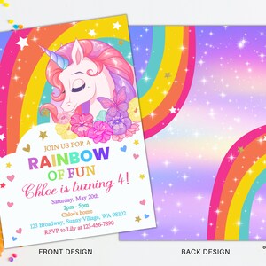 Editable Unicorn Rainbow Birthday Invitation, Rainbow Unicorn Floral ...