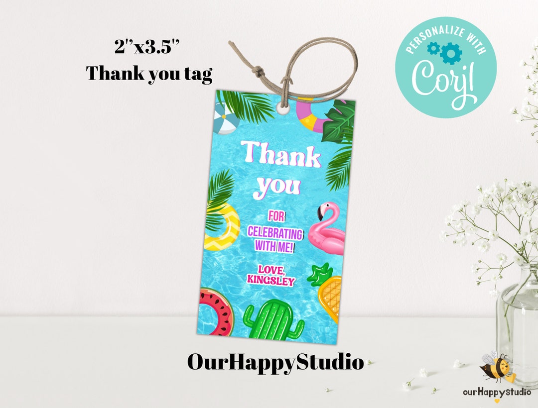 Editable Pool Party Thank You Tag Swim Party Birthday Favor, Tropical ...