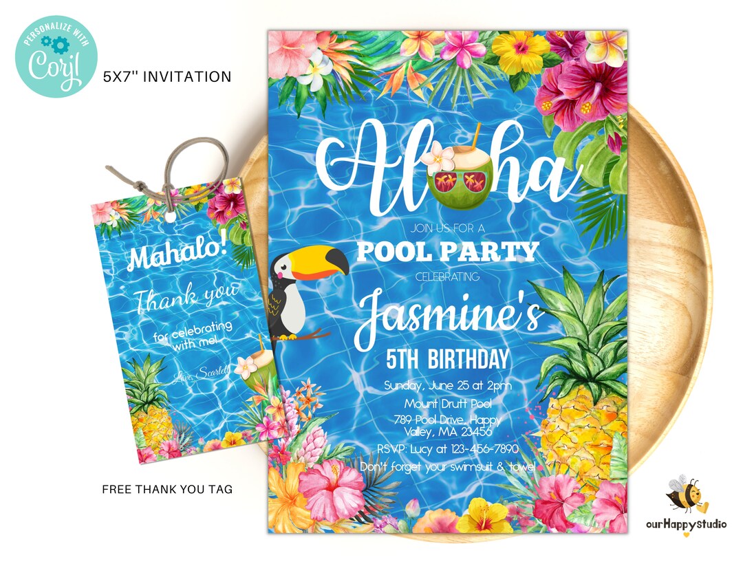 Editable Aloha Pool Party Invitation, Hawaiian Birthday Invite ...