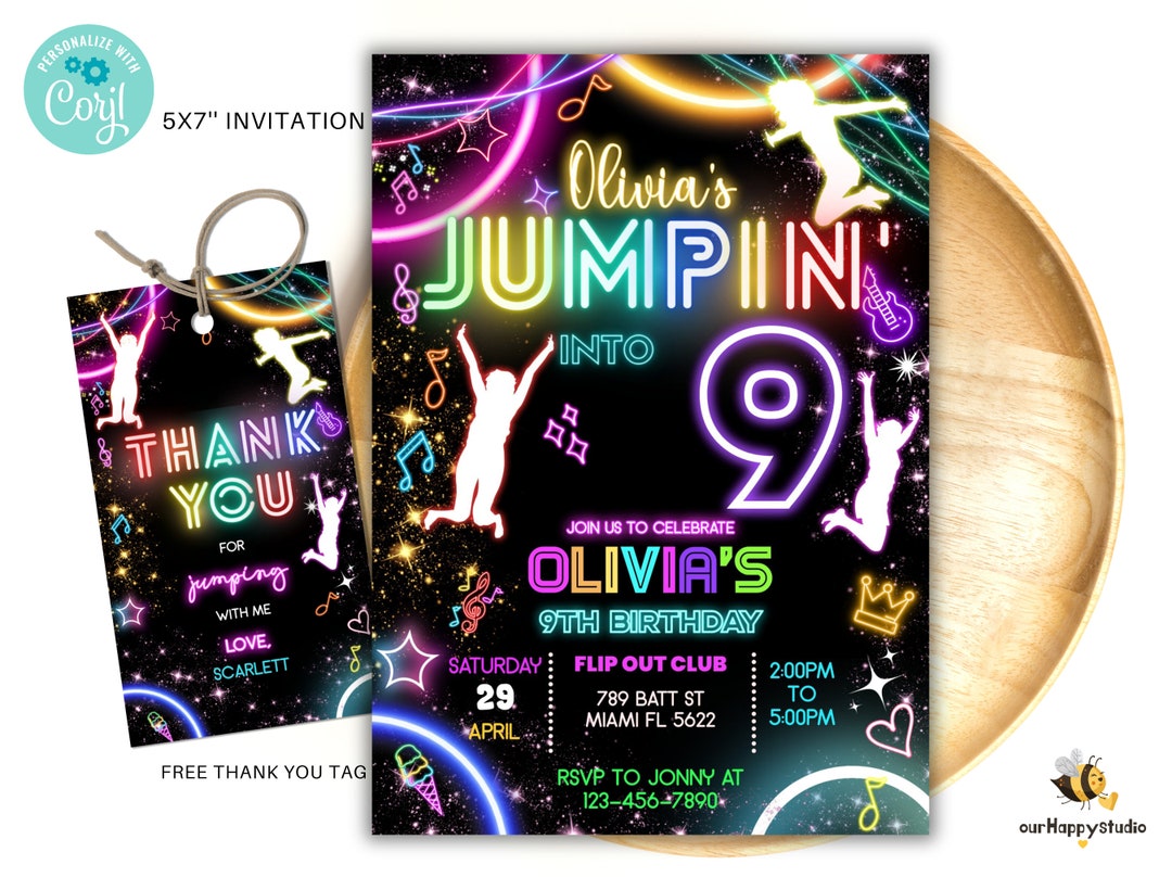 Editable Jump Party Birthday Invitation, Glow Trampoline Party Neutral ...