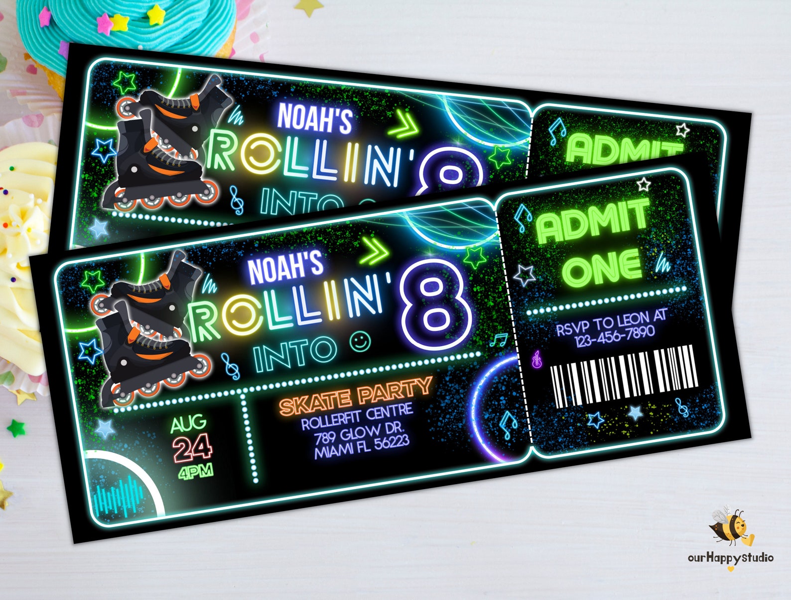 Editable Roller Skating Ticket Template Glow Party Birthday Ticket ...