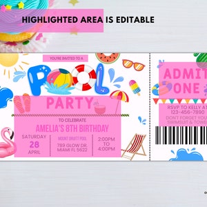 Editable POOL Party Birthday Invitation Ticket, POOL Party Neutral ...