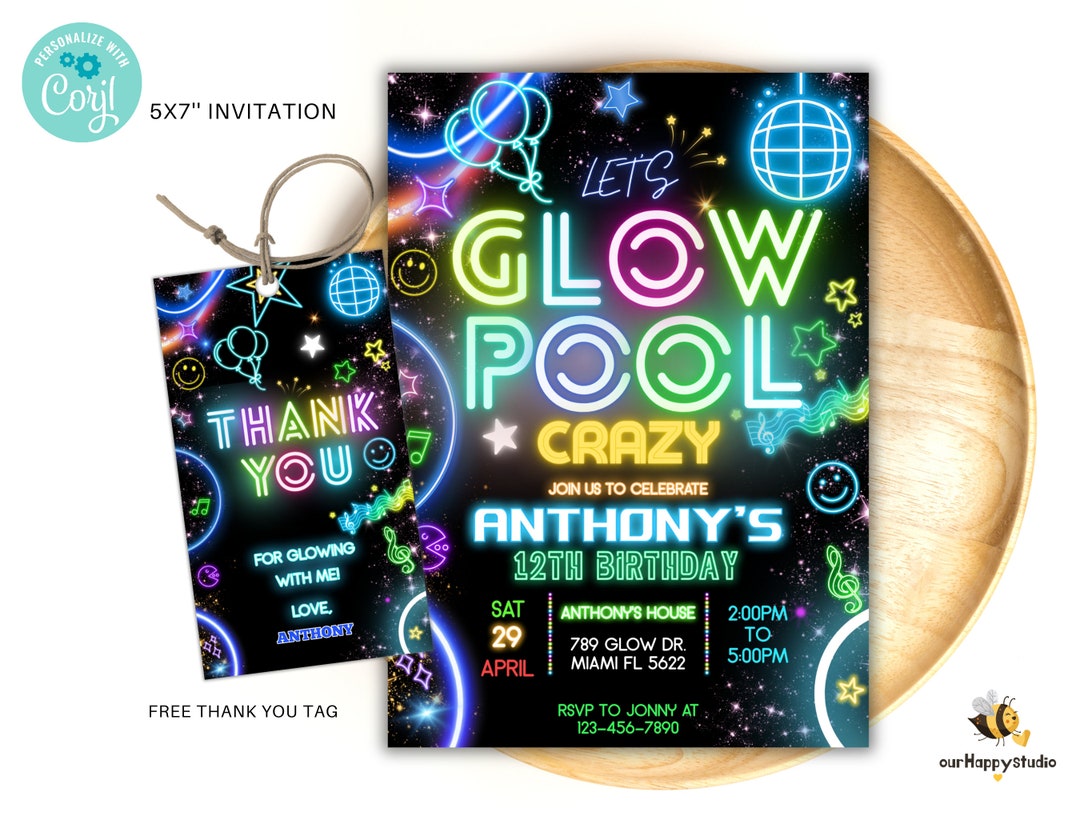 Editable Glow Pool Party Birthday Invitation, Glow Blue Invites, Glow ...