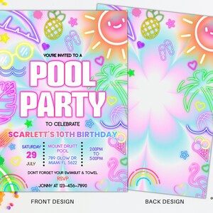 Editable Pool Party Invitation, Glow Neon Invite, Tropical Tie Dye ...