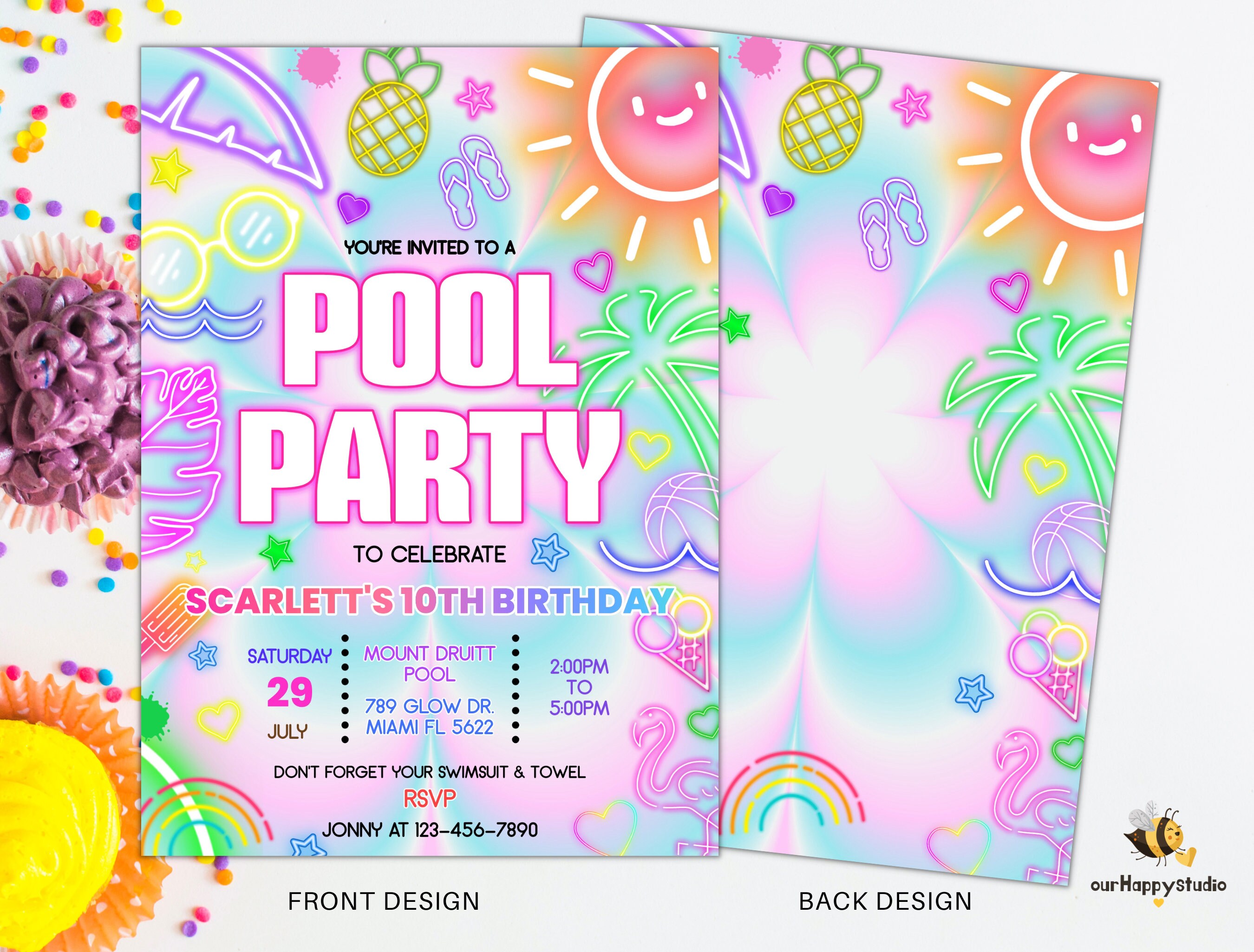 Editable Pool Party Invitation Glow Neon Invite Tropical Tie - Etsy