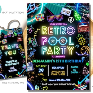 Editable Retro Pool Party Invitation, 80s Water Park Invite, Tropical ...