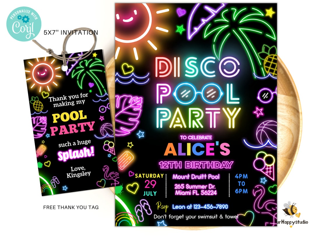 Editable Disco Pool Party Invitation, Glow Water Park Invite, Tropical ...