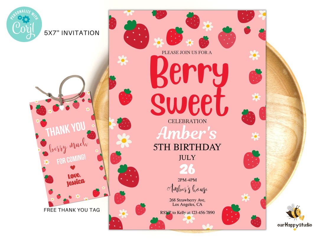 Editable Berry Sweet Birthday Invite Template, Strawberry 1st 2rd 3nd ...