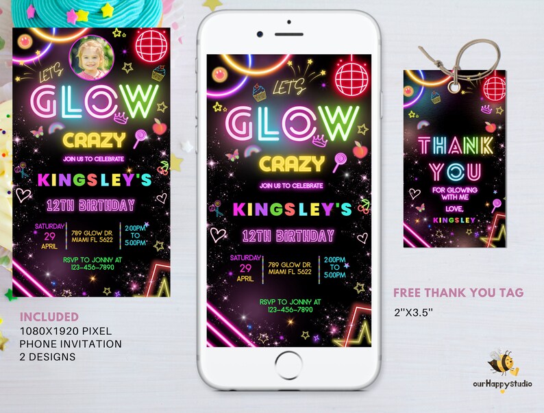 Editable Glow Party Birthday Phone Invitation With Photo Glow - Etsy