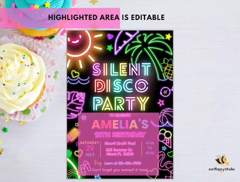 Editable Silent Disco Party Invitation Glow Invite Neon - Etsy