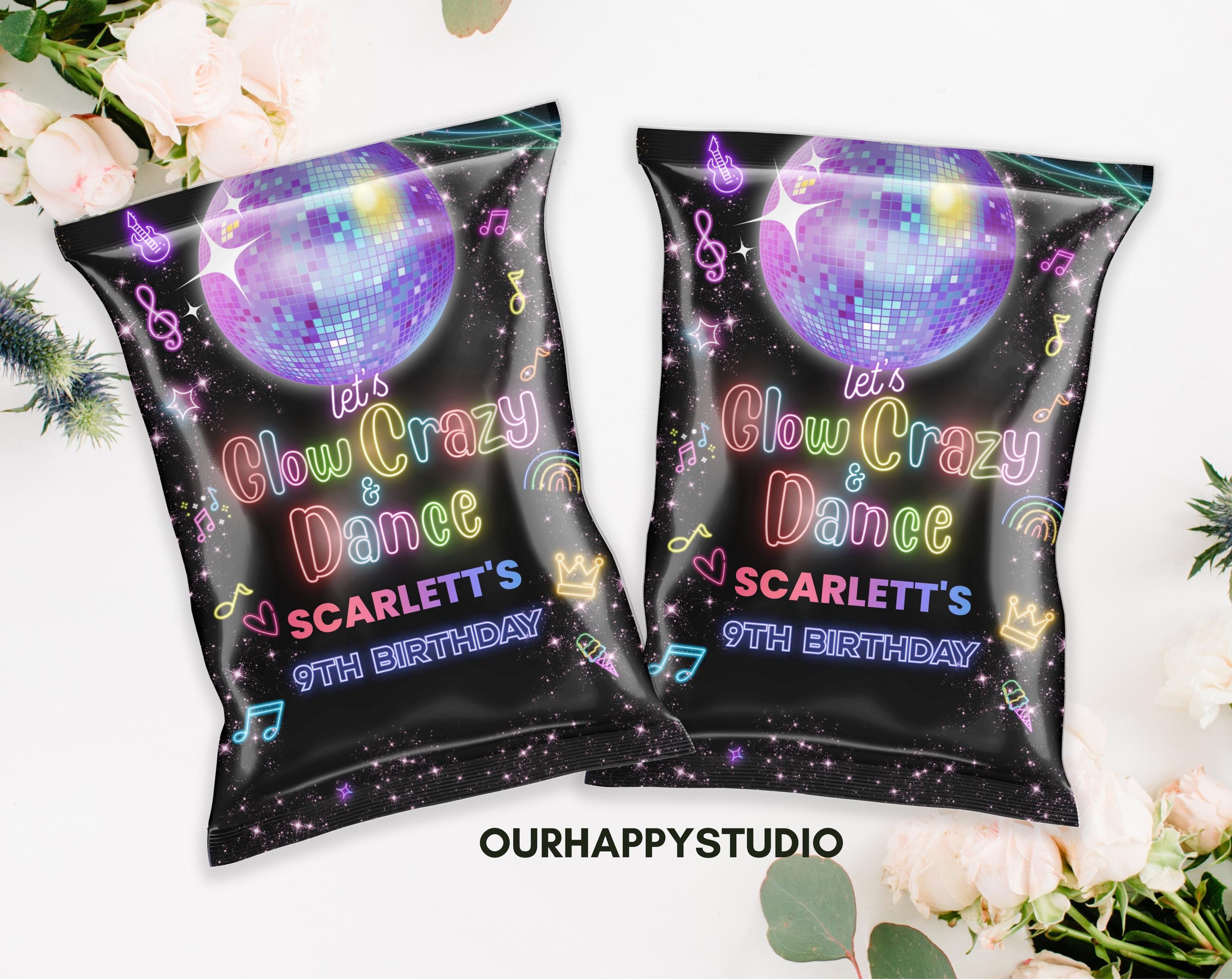 Editable Let's Glow Crazy and Dance Chip Bag Wrapper Glow Party Glow ...