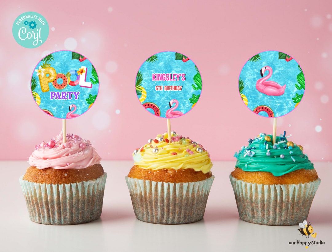 Editable Pool Party Birthday Cupcake Toppers, Summer Birthday Decor ...