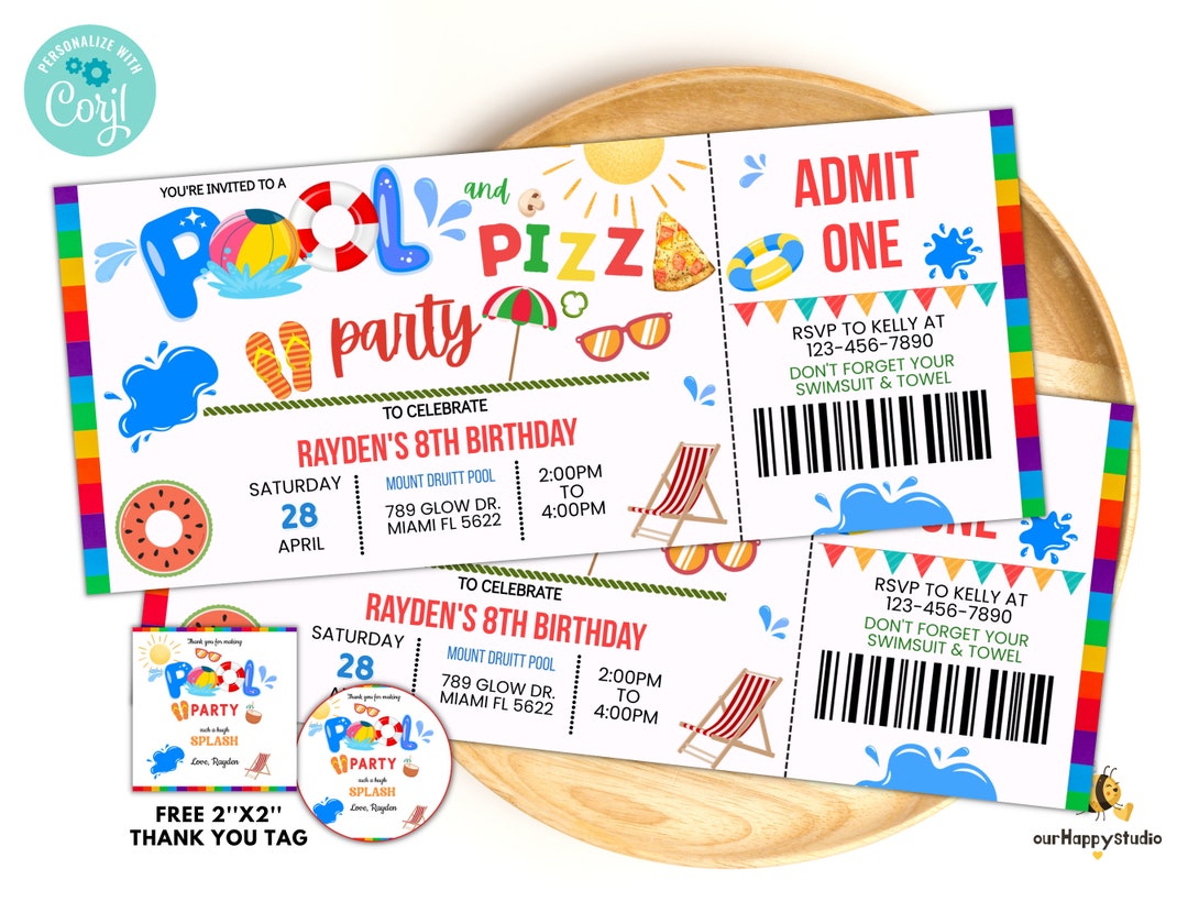 Editable POOL & PIZZA Party Birthday Invitation Ticket, POOL Party ...