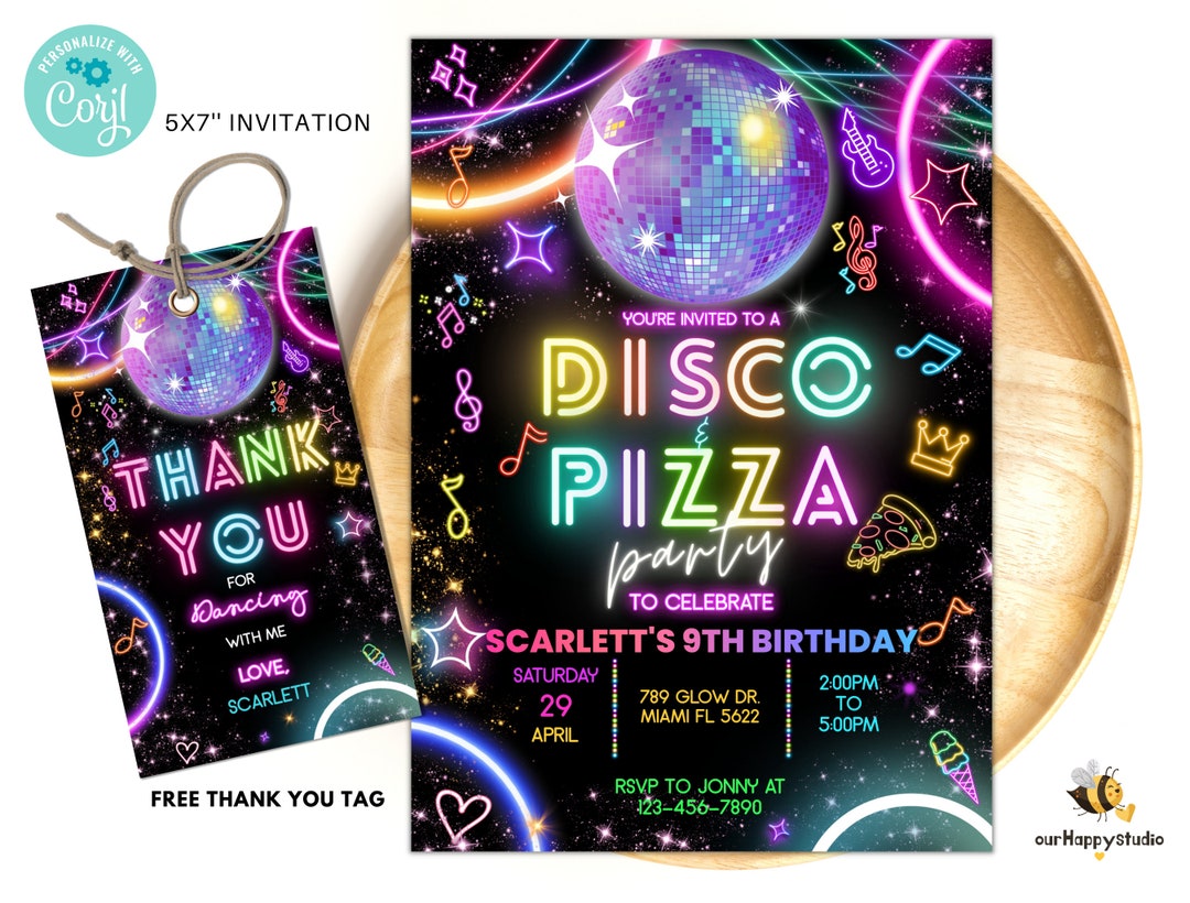 Editable DISCO and Pizza Party Birthday Invitation, Glow Gender Neutral ...
