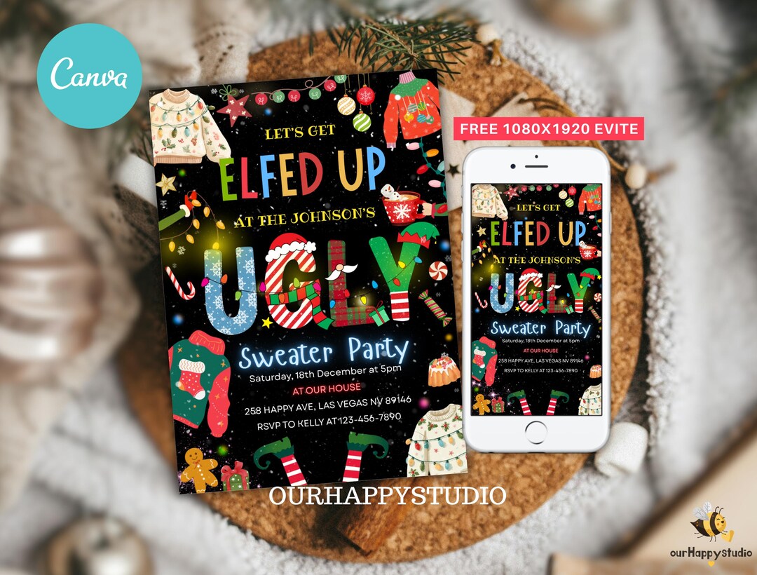 Editable Ugly Sweater Party Invitation, Christmas Elfed up Ugly Sweater ...