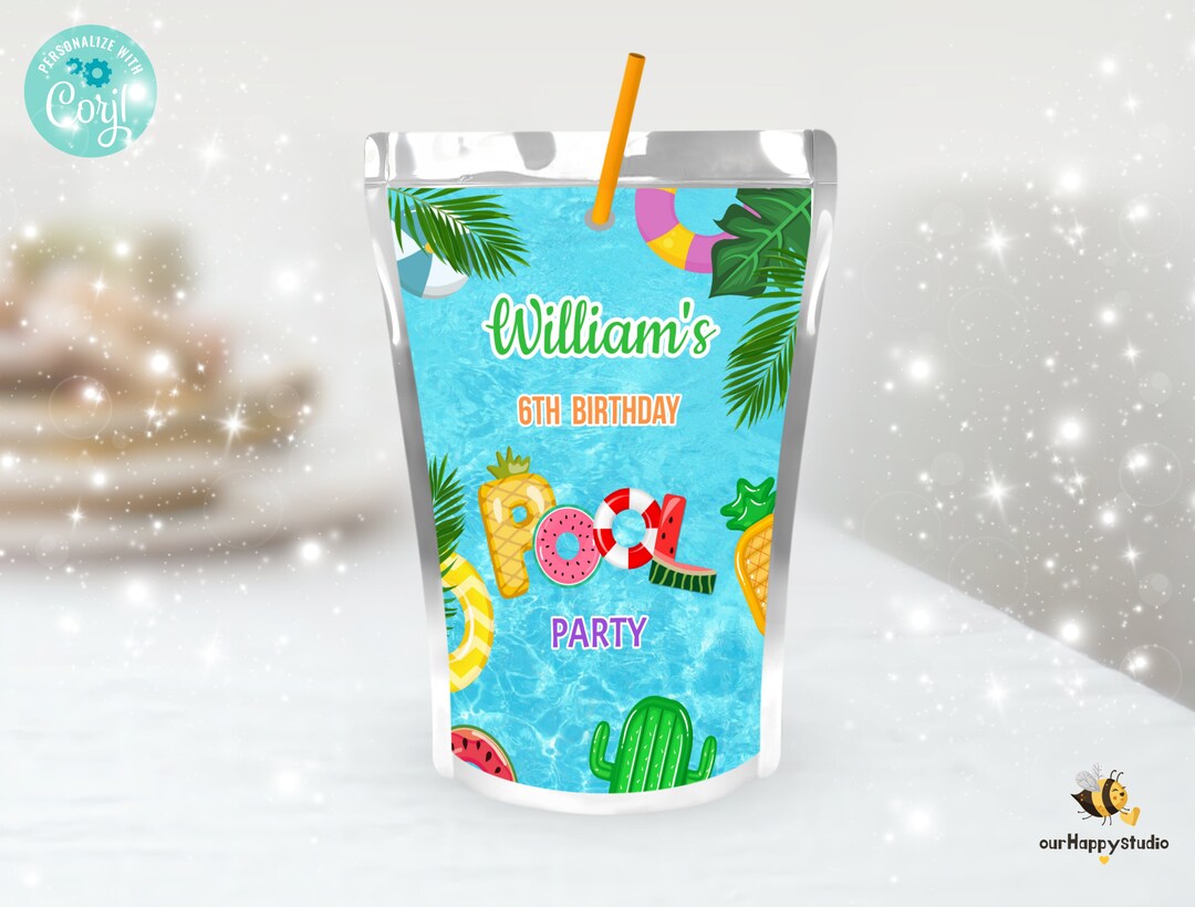 Editable Pool Party Juice Pouch Labels Swim Party Capri Sun Label ...