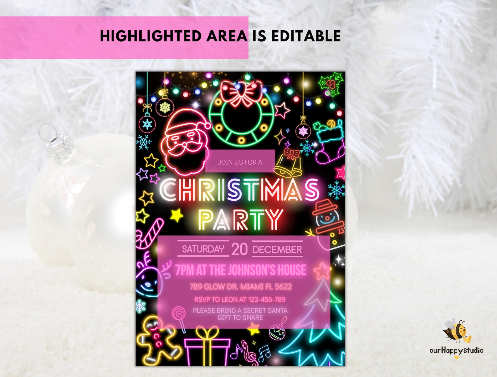 Editable Neon Christmas Party Invitation, Glow Christmas Party Invite ...